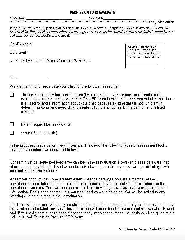 PaTTAN - PERMISSION TO REEVALUATE - Preschool Early Intervention